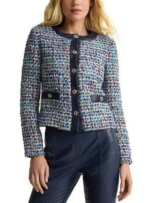 St. John Leather Trim Tweed Jacket - Midnight/ecru Multi