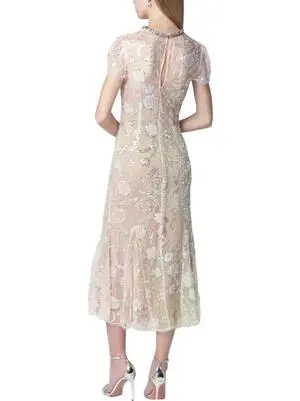 SELF-PORTRAIT Pink Flower Sequin Embellished Midi Dress