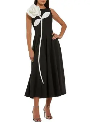 Mac Duggal Floral Appliqué Crepe A-line Midi-dress - Black Ivory