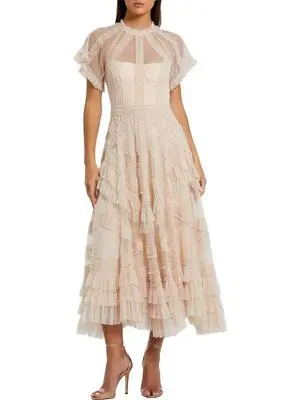 MAC DUGGAL Mesh Ruffle Flutter-sleeve Midi-dress