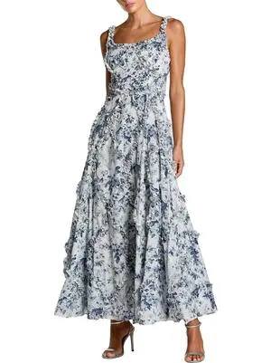 Mac Duggal Ruffle Floral Sweetheart Maxi Dress - Blue Multi
