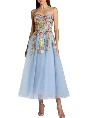 Mac Duggal Floral-embroidered Mesh Strapless Cocktail Dress - Periwinkle Multi