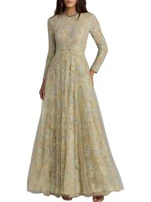 Mac Duggal Embroidered Lace Fit-&-flare Gown Beige Multi