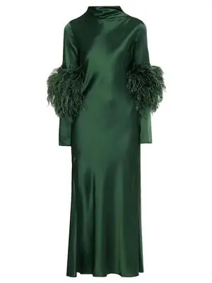 Lapointe Satin Feather-trimmed Bias Midi Dress - Forest
