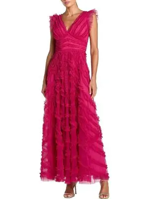 Mac Duggal Ruffled Mesh Midi-dress - Fuchsia
