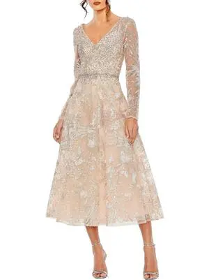 Mac Duggal Floral Embroidered Mesh Midi-dress - Blush