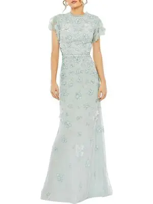 Mac Duggal High Neck Flutter-sleeve Floral Embellished Gown Periwinkle