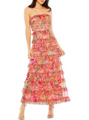 Mac Duggal Ruffled Strapless Maxi Dress Orange Multi