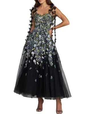 Mac Duggal Floral-embroidered Tassel Tulle Cocktail Dress - Black Multi