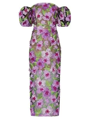 MILLY Nira Floral-embroidered Off-the-shoulder Midi-dress - Pink Multi