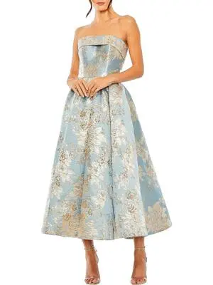Mac Duggal Petite Floral Brocade Fit & Flare Strapless Midi-dress - Blue Multi