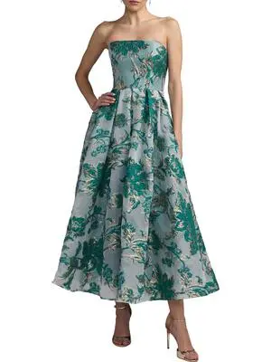 Mac Duggal Petite Floral Brocade Fit & Flare Strapless Midi-dress - Teal