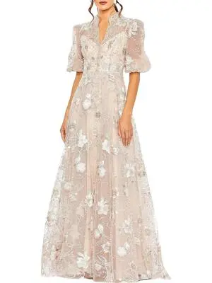 Mac Duggal Petite Floral Embroidered A-line V-neck Gown - Blush