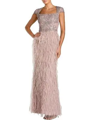 Mac Duggal Beaded Feather-trim Gown - Mocha