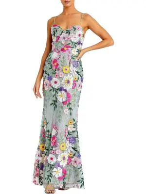 Mac Duggal Petite Floral Embroidered Column Gown - Sage Multi