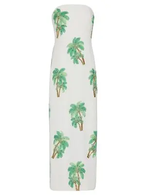 MILLY Clara Palm Embellished Strapless Maxi Dress - White Multi