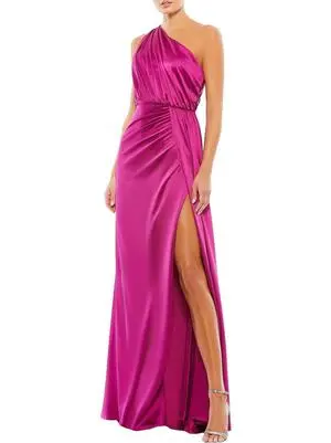 Mac Duggal Gathered Satin One-shoulder Gown - Berry