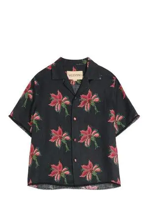 Valentino Garavani Linen Bowling Shirt With Papier Floral Print - Black Red