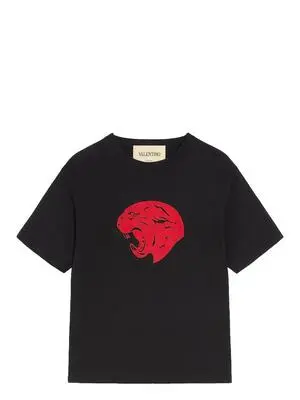 Valentino Garavani Cotton T-shirt With Panther Print Black Red