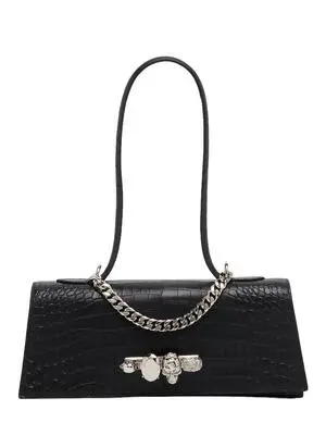 Alexander McQueen Jewelled Croc-embossed Leather Top Handle Bag - Black
