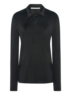 Another Tomorrow Fluid Long Sleeve Polo Top - Black