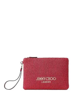 JIMMY CHOO Riviera Capsule Raffia Flat Pouch Ruby Red