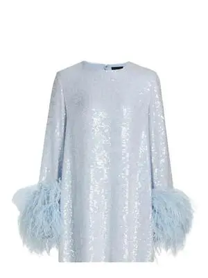 Lapointe Sequined Feather-cuff Shift Minidress - Cloud