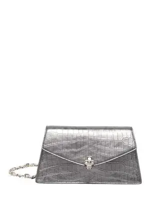 Alexander McQueen Skull Mini Crocodile-embossed Metallic Leather Shoulder Bag - Cloud