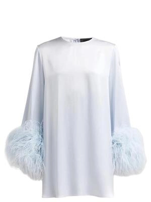 Lapointe Satin Feather-cuff Shift Mini Dress - Cloud