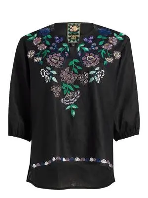 Johnny Was Sloane Embroidered Linen Blouse - Black