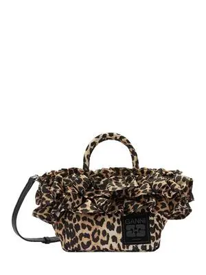 GANNI Mini Shopper Ruffled Top Handle Bag - Leopard