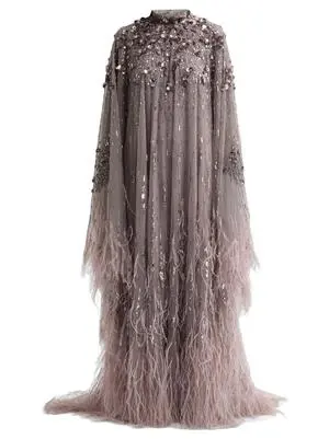 Pamella Roland Embroidered Feathered Tulle Caftan Gown - Silver