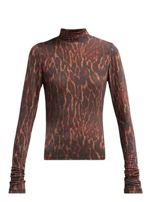GANNI Printed Shiny Jersey Turtleneck Top - Rawhide