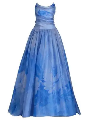 PAMELLA ROLAND Floral Silk Organza Strapless Gown