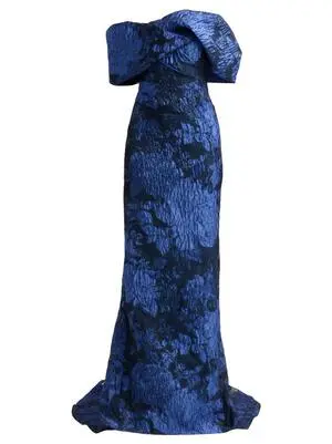 Pamella Roland Floral Fil Coupé Off-shoulder Gown - Navy Multi