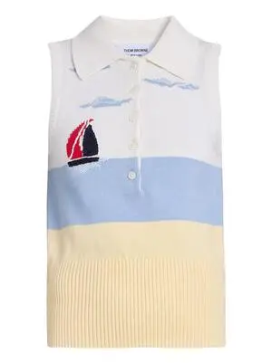 Thom Browne Embroidered Nantucket Intarsia Sleeveless Polo Sweater - White