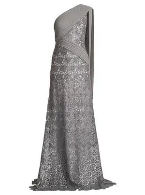 Tadashi Shoji Sequined Lace One-shoulder Gown - Mist