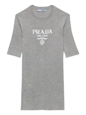 Prada Silk Crewneck Sweater With Logo - Grey