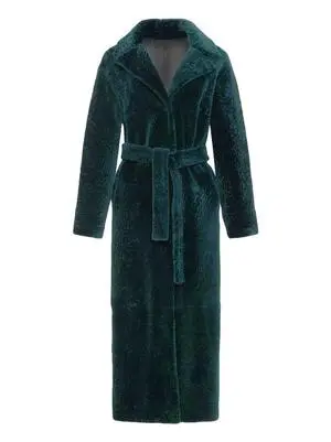 Gorski Reversible Textured Shearling Lamb Coat With Side Slits Belt - Emerald