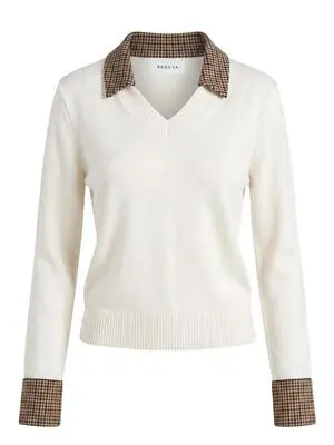 SEROYA Maia Houndstooth Shirt-trim Knit Sweater - Eggshell