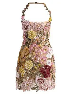 Oscar De La Renta Floral-embroidered Halter Cocktail Dress - Multi