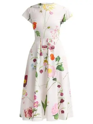 Oscar De La Renta Mixed Botanical Cotton Poplin Midi Dress - White Multi