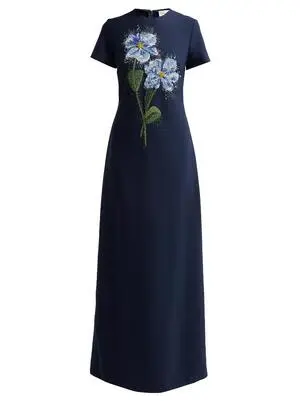 Oscar De La Renta Floral-beaded Wool-blend Gown - Navy