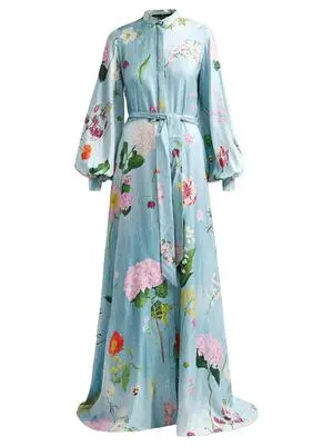 Oscar De La Renta Mixed Botanical Silk Twill Caftan Dress - Blue Multi