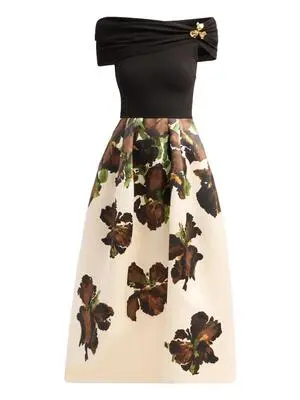 Oscar De La Renta Iris Mix Media Off-the-shoulder Day Dress - Brown Multi