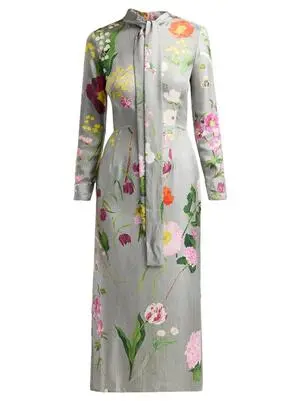 OSCAR DE LA RENTA Mixed Botanical Silk Long-sleeve Midi Dress