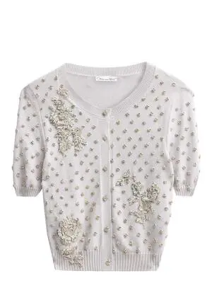 Oscar De La Renta Crystal Floral-embroidered Wool Cardigan - Grey