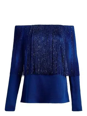 Silvia Tcherassi Belinda Metallic Fringe Off-the-shoulder Blouse - Navy