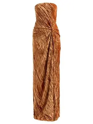 Oscar De La Renta Pleated Velvet Draped Strapless Gown - Copper