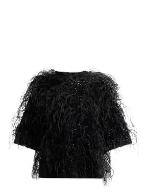 Michael Kors Embroidered Ostrich Plume Top - Black